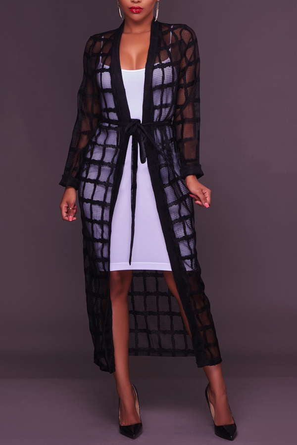 Trendy V Neck See-Through Black Polyester Long CoatLW | Fashion Online ...