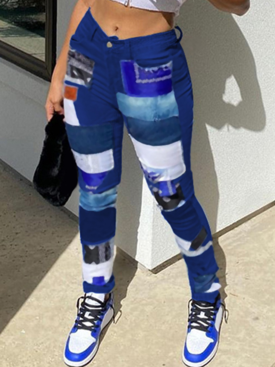 LW Casual High-waisted Color-lump Patchwork Deep Blue Jeans Sale ...