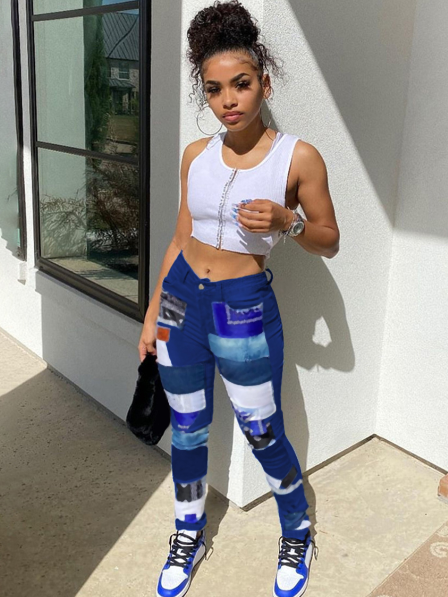 LW Casual High-waisted Color-lump Patchwork Deep Blue Jeans Sale ...