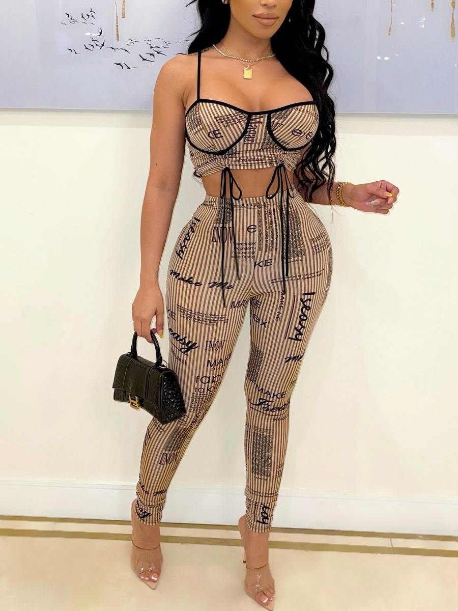 Lw Sxy Letter Print Drawstring Crop Top Pants Set Sale Lovelywholesale